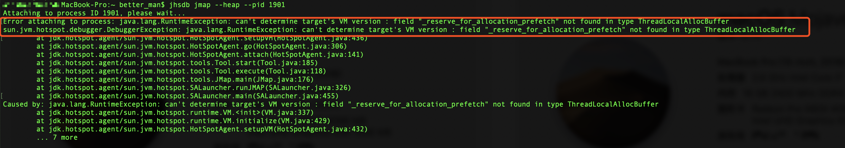 **Mac 下 jhsdb jmap --heap --pid 进程号** **报错：** Error attaching to process: java.lang ...