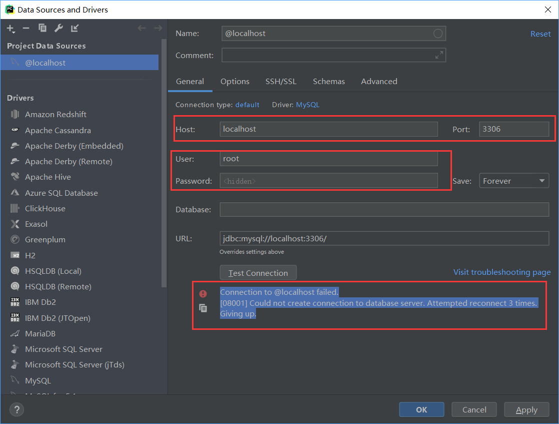 pycharm连接mysql数据库出现，Connection to @localhost failed. [08001] Could not create connection to ...