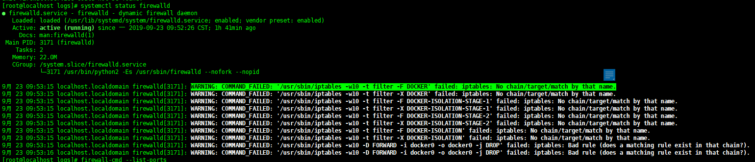 Docker容器防火墙报端口映射错误WARNING: COMMAND_FAILED: '/usr/sbin/iptables -w10 -t filter -F DOCKER' failed ...