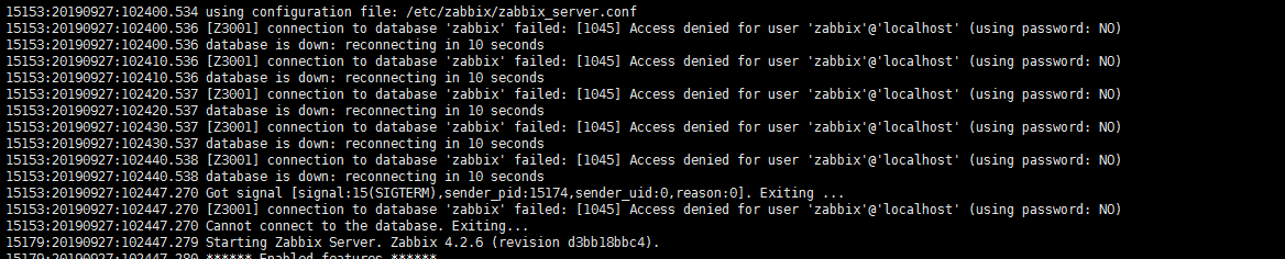 [问题已处理]-[zabbix]-[Z3001] connection to database 'zabbix' failed [0] expected authentication ...