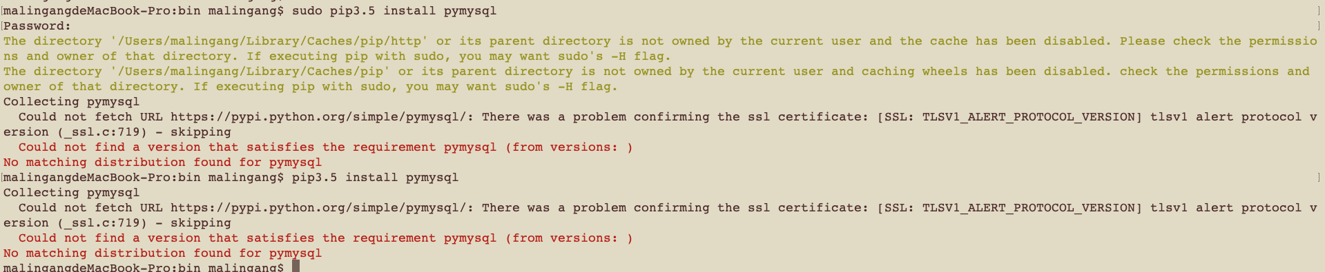 pymysql模块 的安装及报错说明与处理(MACOS版)_pymsql安装找不到与pymsql匹配的发行版-CSDN博客