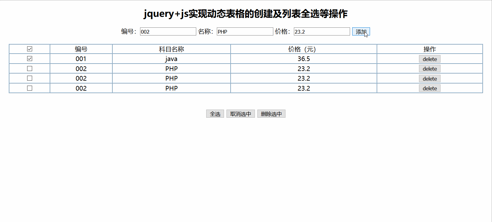 Jqueryjs实现动态表格的创建及列表全选等操作jquery全选分页表格 Csdn博客
