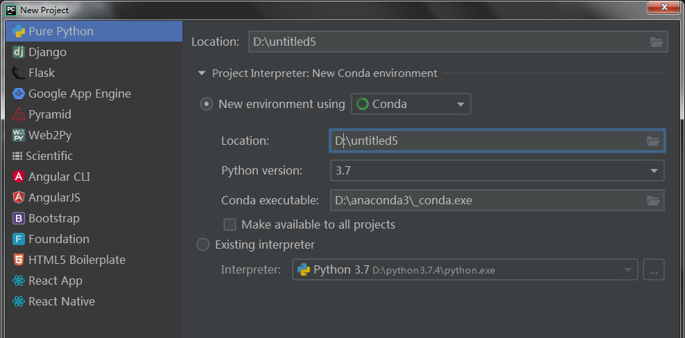 pycharm中new environment using和existing interpreter（Virtualenv E*t,Conda E*t,System i*r，pipenv E ...