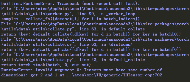 RuntimeError: invalid argument 0: Tensors must have same number of dimensions: got 2 and 1 at ...