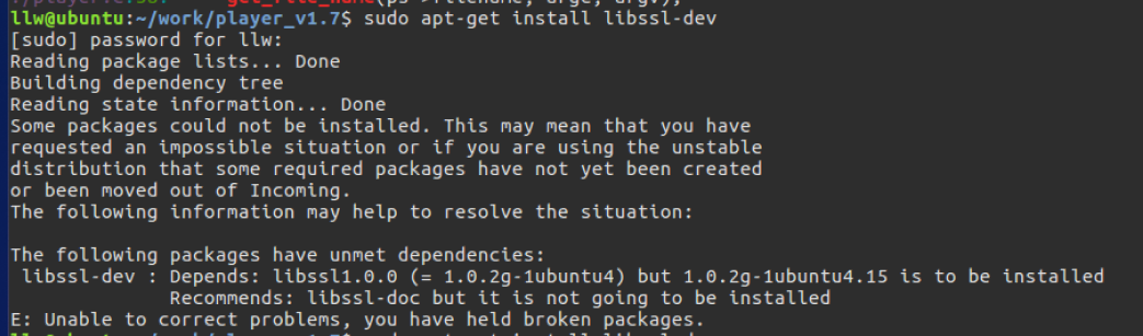 libssl-dev : Depends: libssl1.0.0 (= 1.0.2g-1ubuntu4) but 1.0.2g-1ubuntu4.15 is to be installed ...