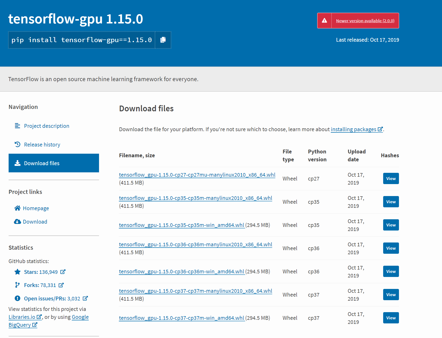 Tensorflow各个版本离线whl文件下载【强烈推荐】 Tensorflow Wheel离线下载 Csdn博客