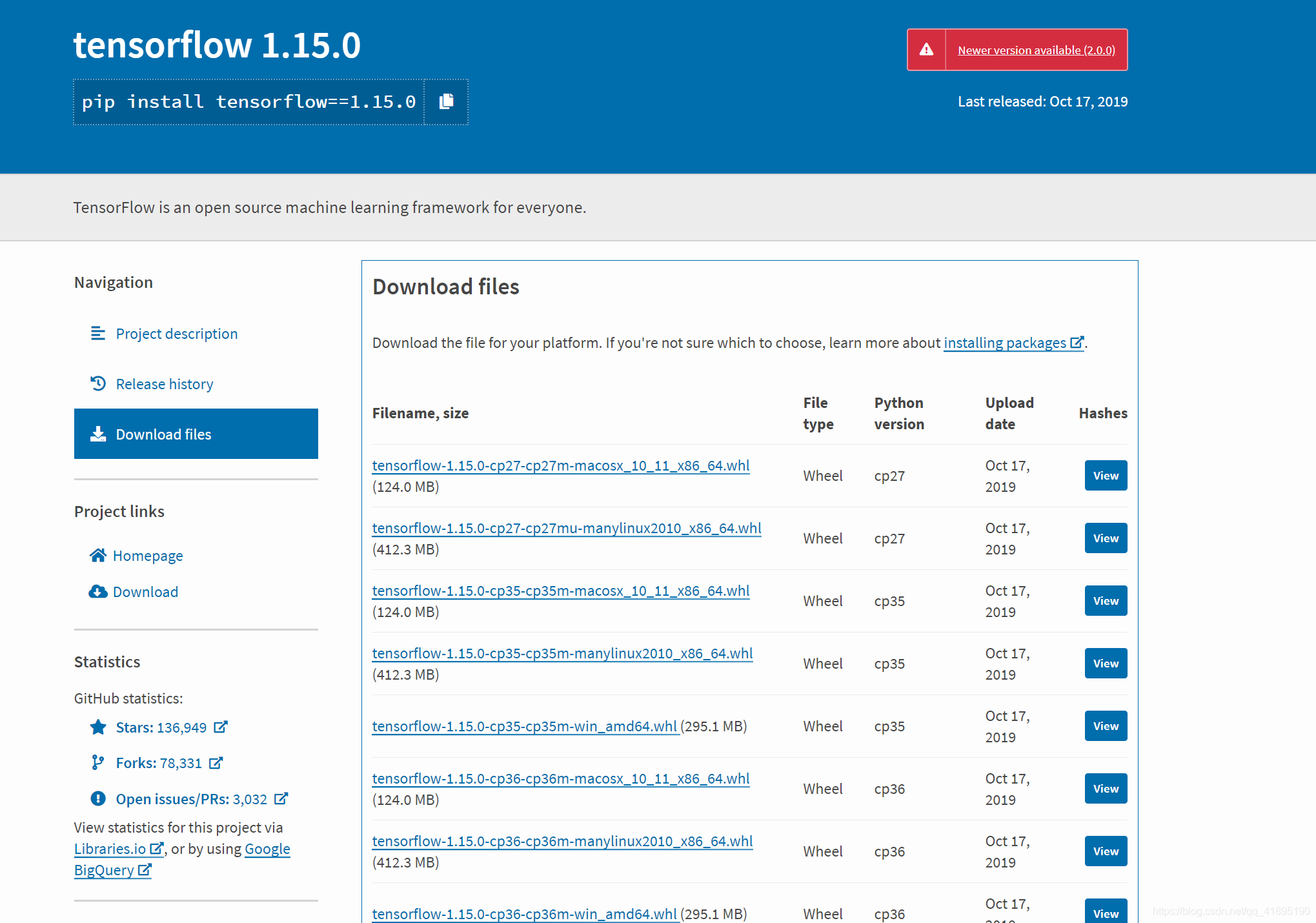 Tensorflow各个版本离线whl文件下载【强烈推荐】tensorflowwheel离线下载 Csdn博客