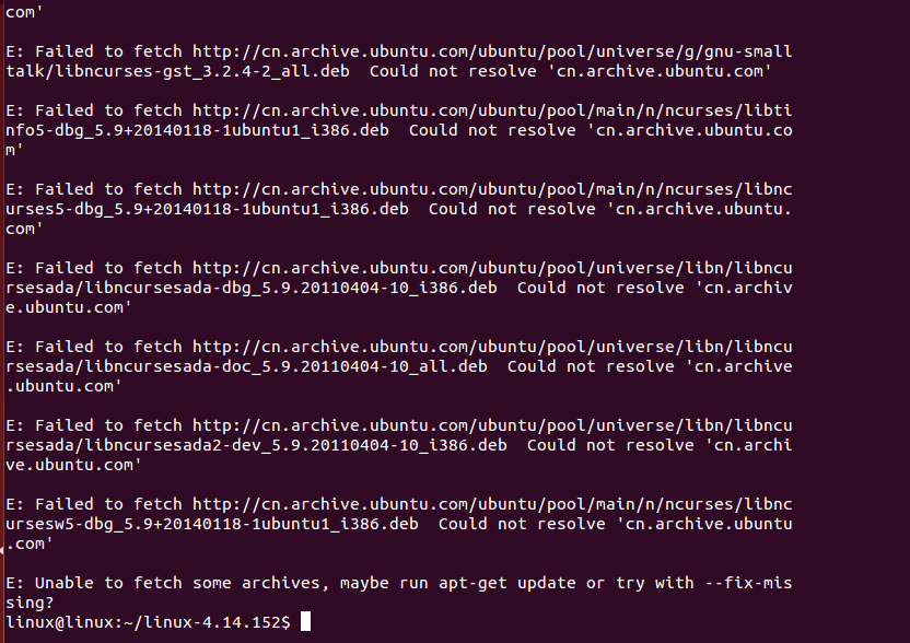 配置内核 make menuconfig时报错 Unable to find the ncurses libraries or the required header files ...
