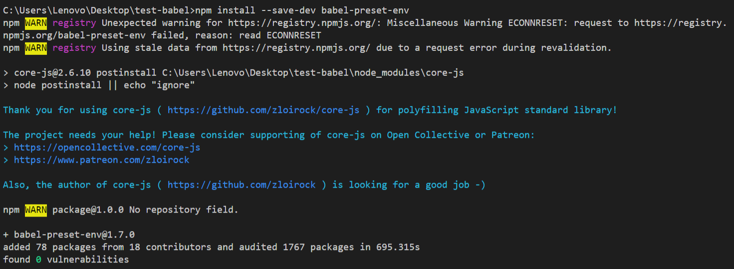npm install出现问题：run 'npm audit fix' to fix them, or 'npm audit' for details（安装babel）_安装babel ...