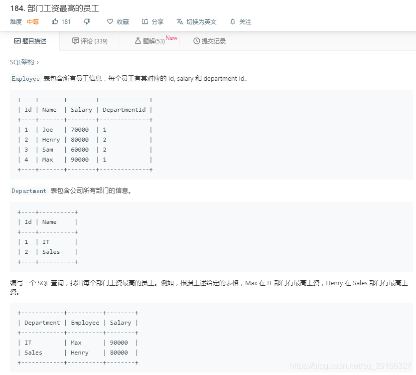 Leetcode刷题之旅【数据库篇 5】 中等: 部门工资最高的员工 下面有两张表employee和department 其中employee中保存的是员工的工资和部门 Csdn博客
