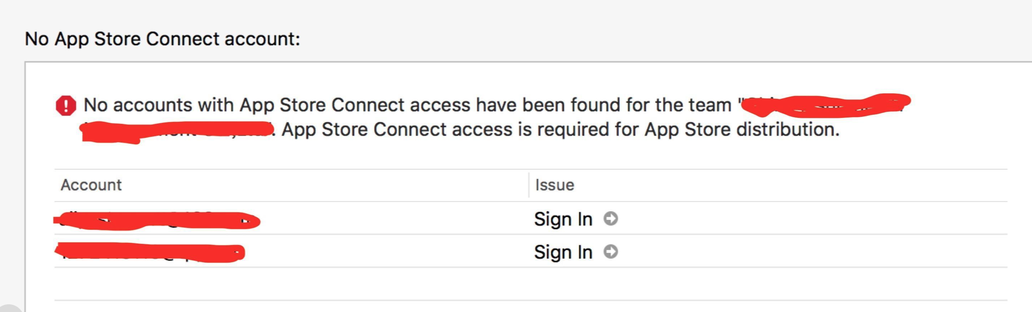 iOS No accounts with App Store Connect access have been found for the team "[My Team Name ...