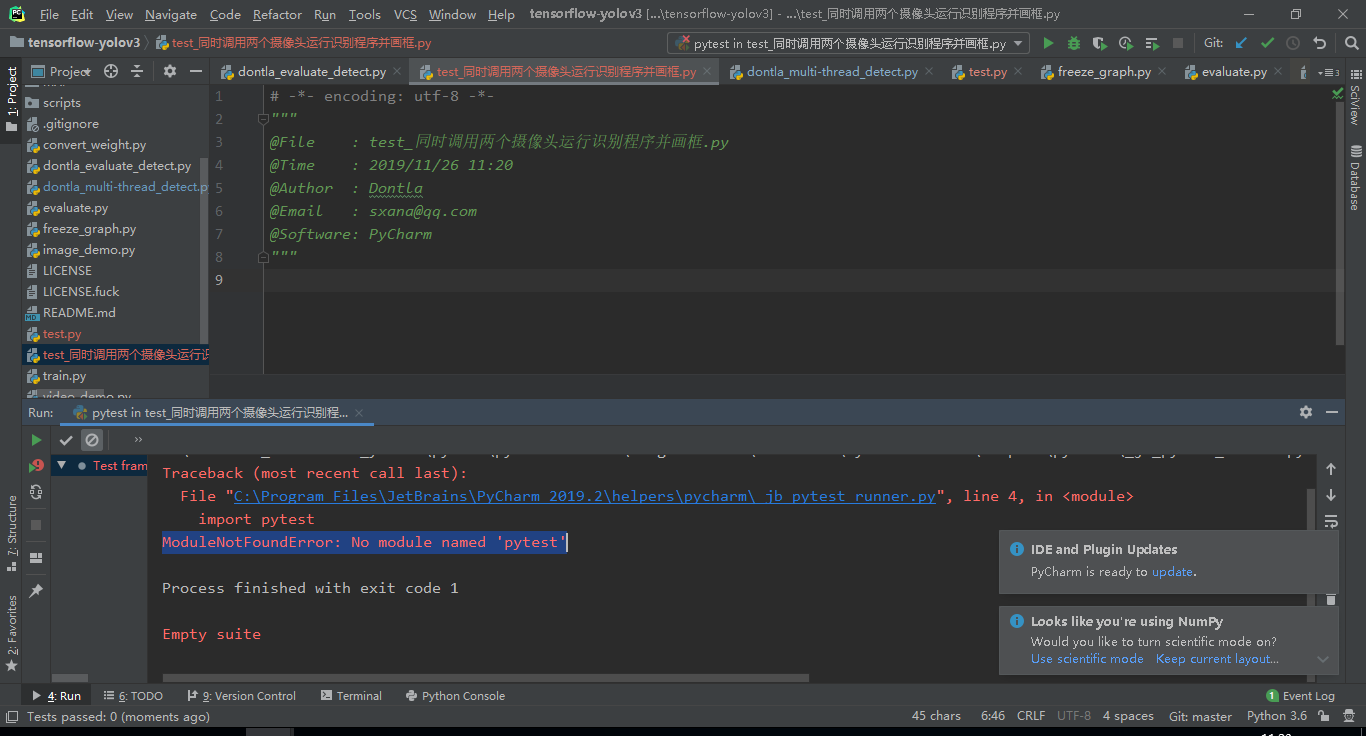 pycharm 运行程序时提示错误信息：ModuleNotFoundError: No module named 'pytest' 解决方法 ...