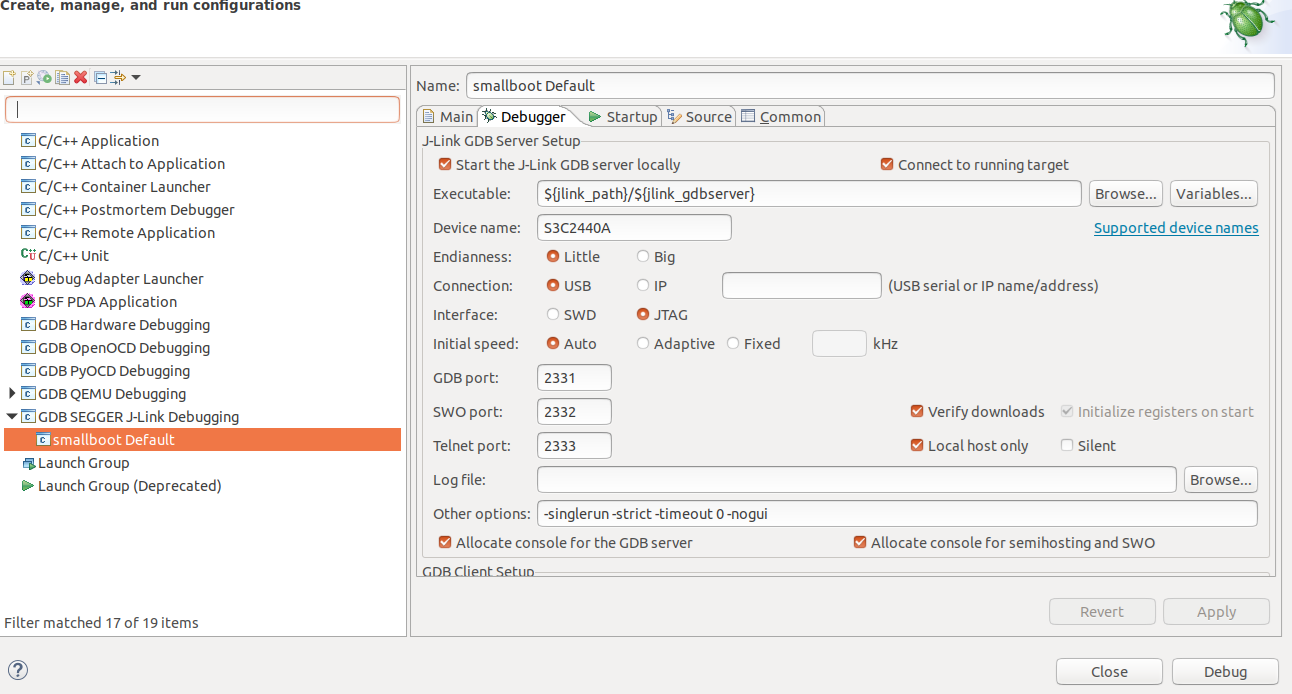 ubuntu上 eclipse+arm-linux-gcc+jlink+s3c2440a开发环境搭建_j-link gdb server failed: could not connect ...