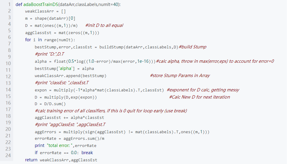 adaboost_整个实现的伪代码如下: 对每次迭代: 利用buildstump()函数找到最佳的单层决策树-CSDN博客
