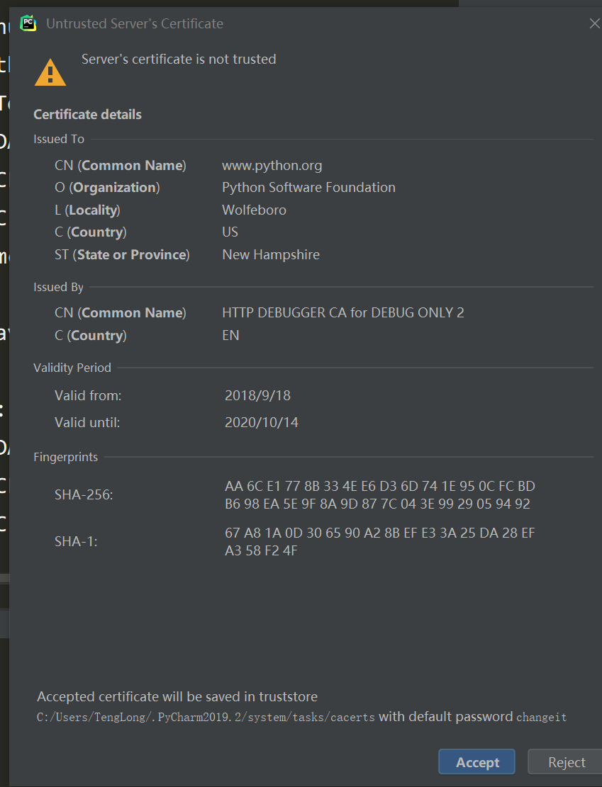 pycharm启动出现Server's certificate is not trusted提示框的问题_pycharm server's certificate is not trusted ...