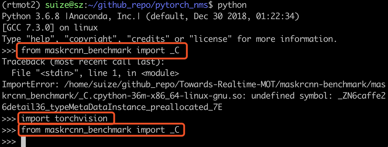 使用mask_rcnn库，出现：_C.cpython-36m-x86_64-linux-gnu.so: undefined symbol: _ZN6caffe26detail36 ...