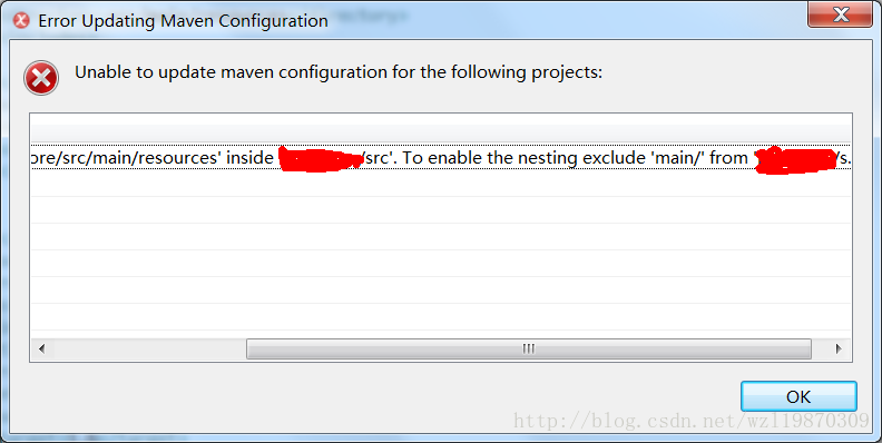The maven project update report "Cannot nest'xx/src/main/resources' inside'xx/src ...