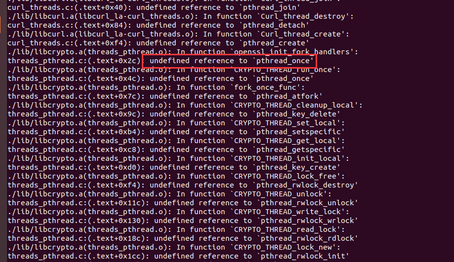pthread 未定义的引用（threads_pthread.c:(.text+0x2c): undefined reference to `pthread_once'）_(.text+ ...