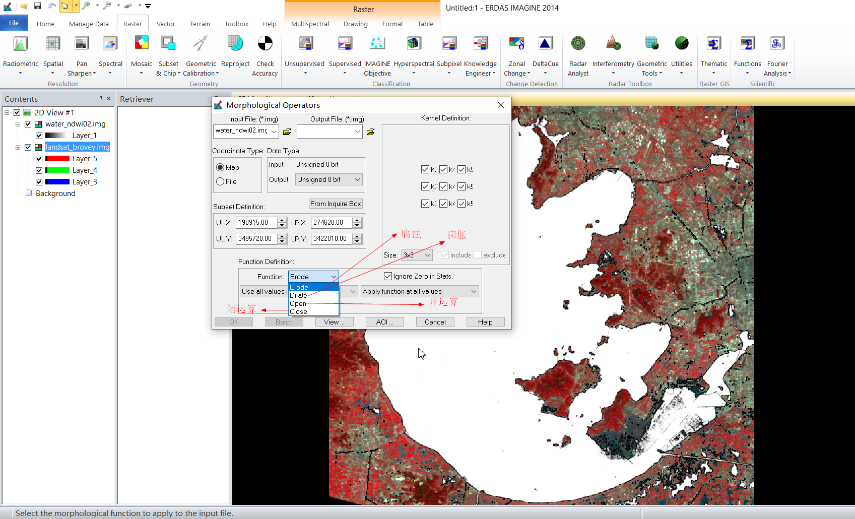 ERDAS Mathematical Morphological Operations (Including Corrosion Erode, Dilate Dilate, Open Open ...