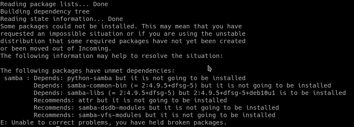 Linux问题解决 - apt install samba失败 （Unable to correct problems, you have held broken packages ...
