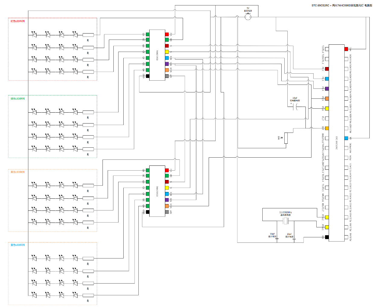 51单片机STC 89C52RC进阶 – 两片74HC595D串联实现跑马灯_74hc595接2个-CSDN博客
