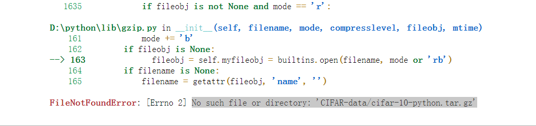 在jupyter中加载CIFAR数据集时报错，提示找不见对应的文件或目录：No such file or directory: 'CIFAR-data/cifar-10-python.tar ...