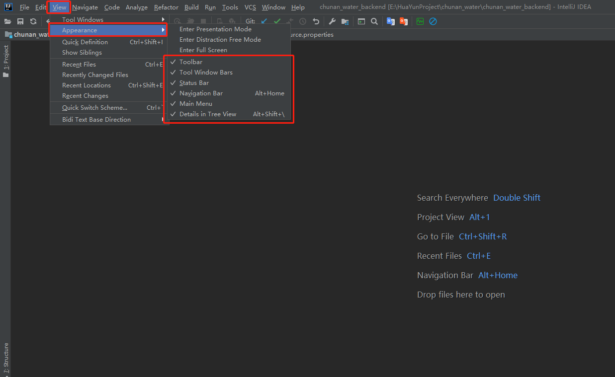 IDEA的界面布局折腾（Main Menu主菜单栏消失的问题）_idea view apperance-CSDN博客
