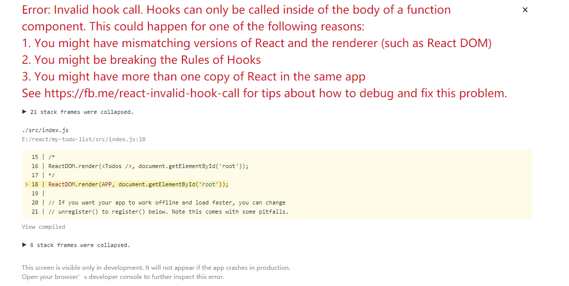 react-redux 出现 Invalid hook call.Hooks can only be called inside of thebody of a function ...