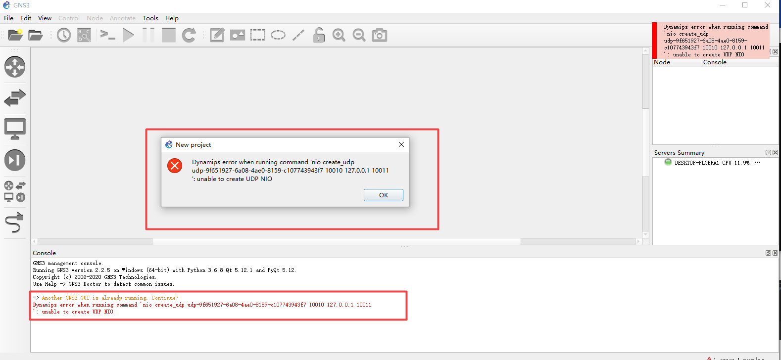GNS3 使用错误 ( Dynamips error when running command 'nio create_udp )_gns3 unable to create udp nio ...