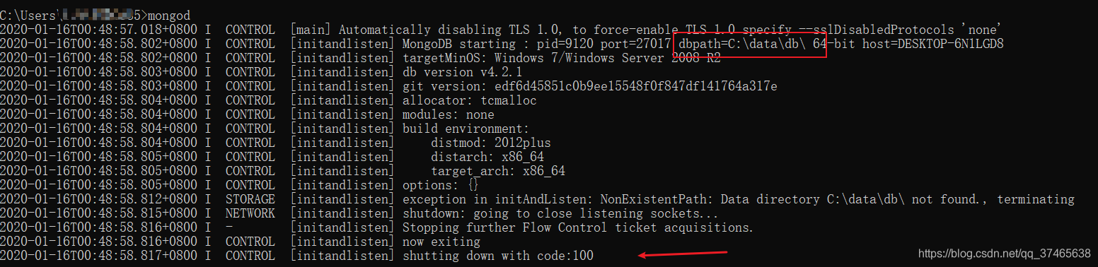 第一次启动 Mongodb 出现 Shutting Down With Code 100错误 唯一成功解决方案并启动 Ctx Initandlisten Msg Shutting