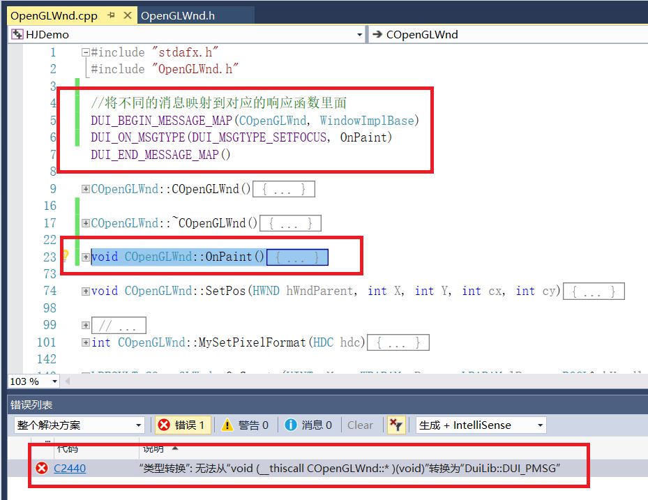 C++编译错误C2440“类型转换”: 无法从“void (__thiscall COpenGLWnd::* )(void)”转换为“DuiLib::DUI_PMSG解决办法_c2440 ...