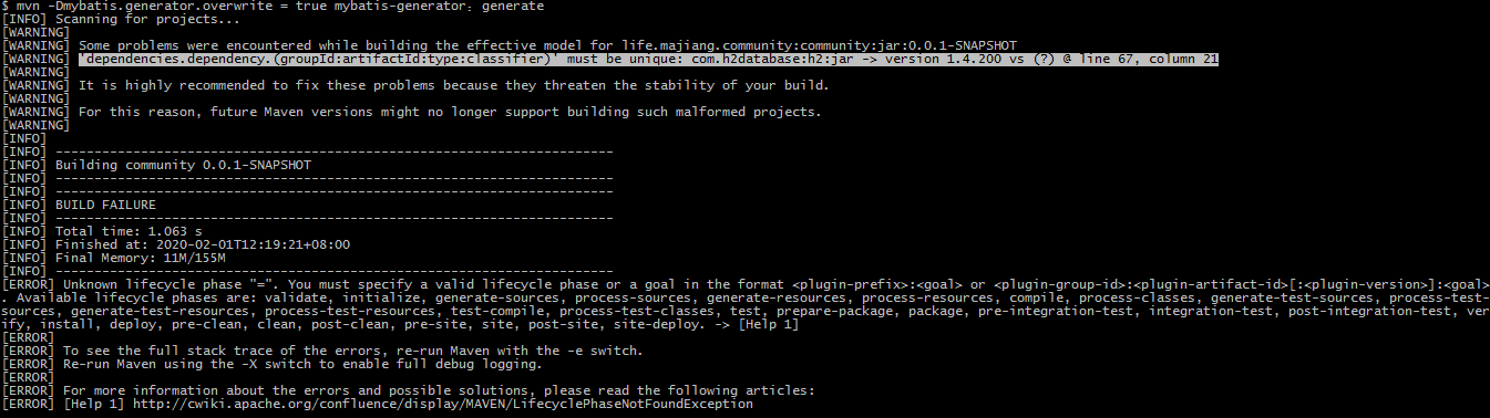 'dependencies.dependency.(groupId:artifactId:type:classifier)' must be unique: com.h2database:h2 ...