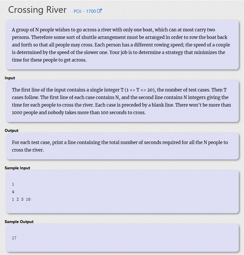 POJ_1700(过河问题)_1.题目:n个人过河,船每次只能坐两个人,船载每个人过河的所需时间不同t[i],每次过-CSDN博客