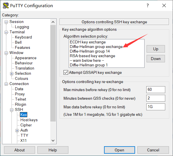PuTTY 通过 SSH 访问出现错误："expected key exchange group packet from server"。_putty expected key ...