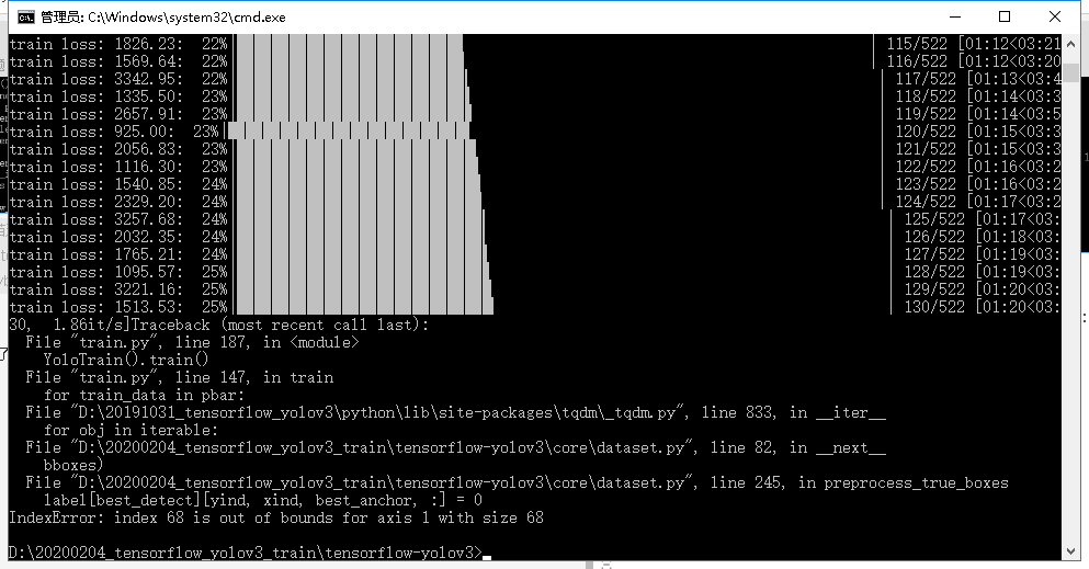 yunyang1994 tensorflow_yolov3训练报错：IndexError: index 68 is out of bounds for axis 1 with size 68 ...
