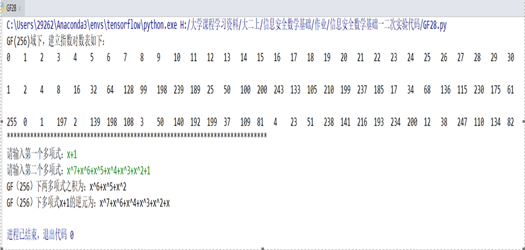 伽罗瓦28域下模多项式求逆python（查表）实现高次伽罗瓦 Mrd 代码 Python Csdn博客