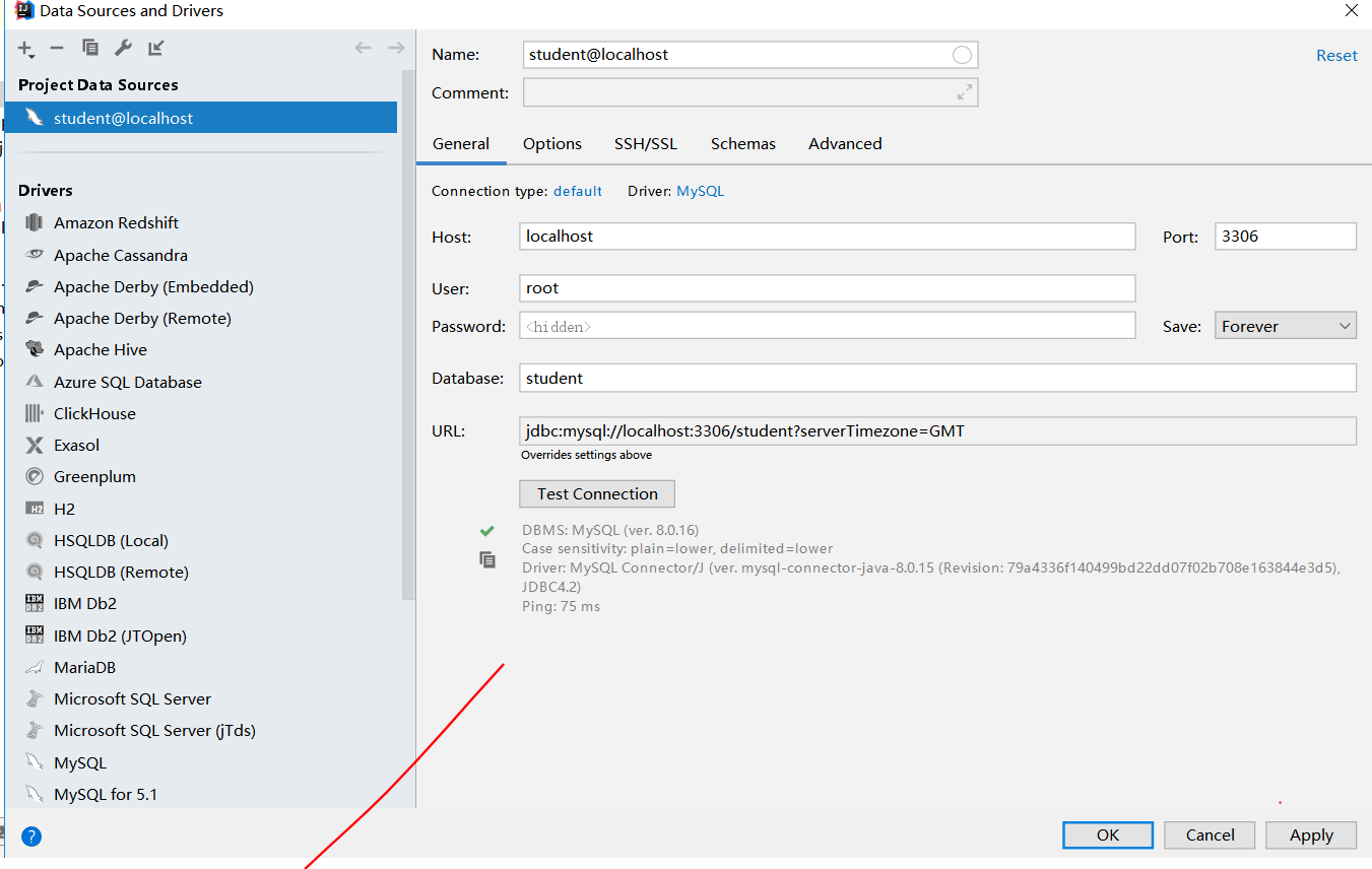 连接数据库出错：Connection to student@localhost failed. [08001] Could not create connection to database ...