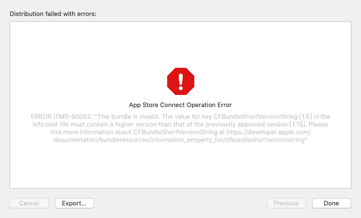 ERROR ITMS-90062: "This bundle is invalid. The value for key CFBundleShortVersionString [1.2 ...