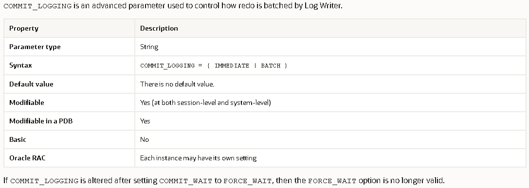 oracle commit 时的控制参数 commit_write、commit_logging、commit_wait_commit ...