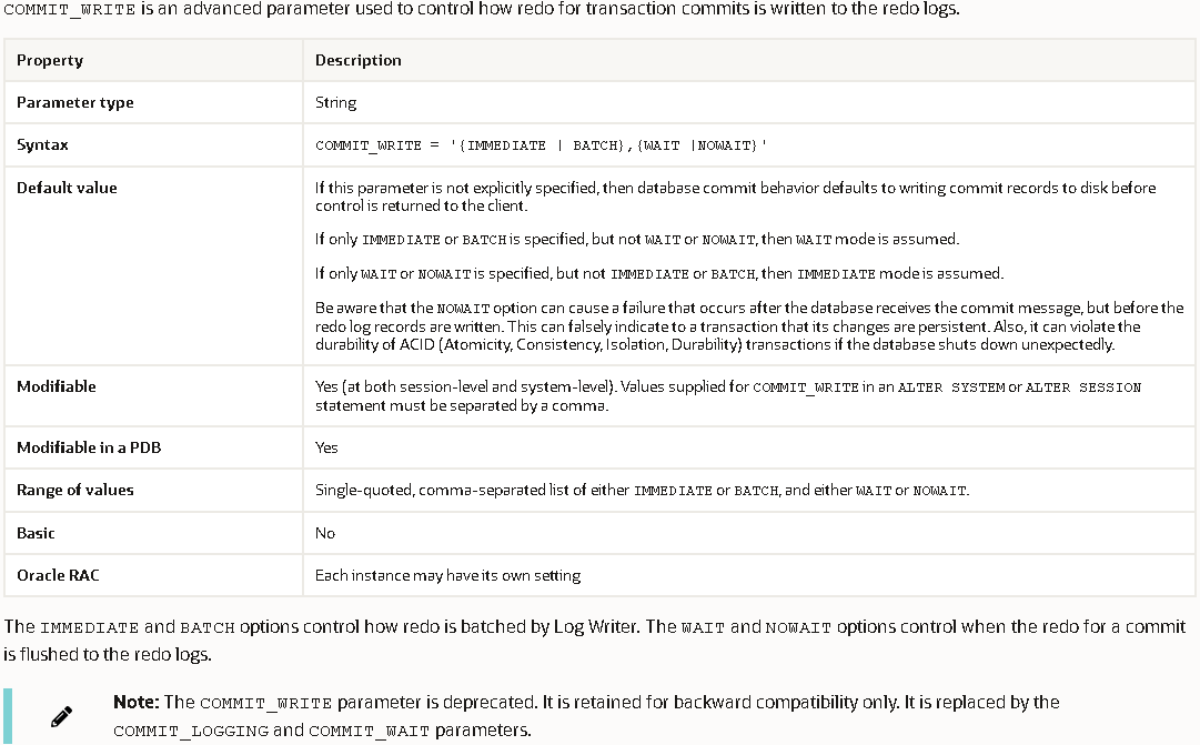 oracle commit 时的控制参数 commit_write、commit_logging、commit_wait_commit ...