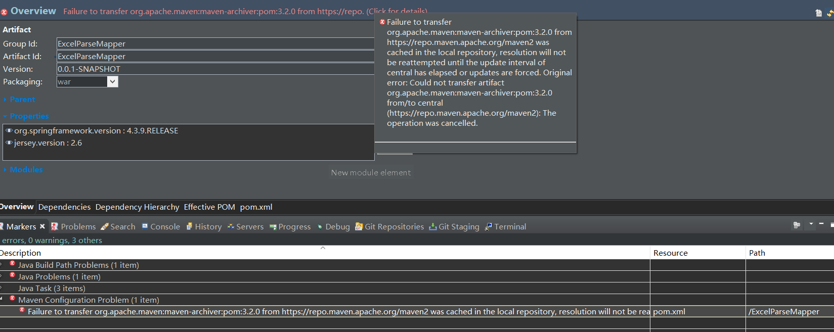 【错误6】：Failure to transfer org.apache.maven:maven-archiver:pom:3.2.0 from https://repo.maven ...
