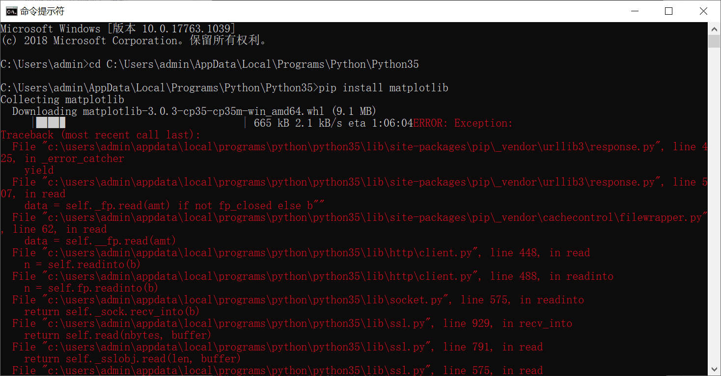 Python 之matplotlib库的安装及Read timed out Error的解决方案_网速太慢matplotlib安装失败-CSDN博客