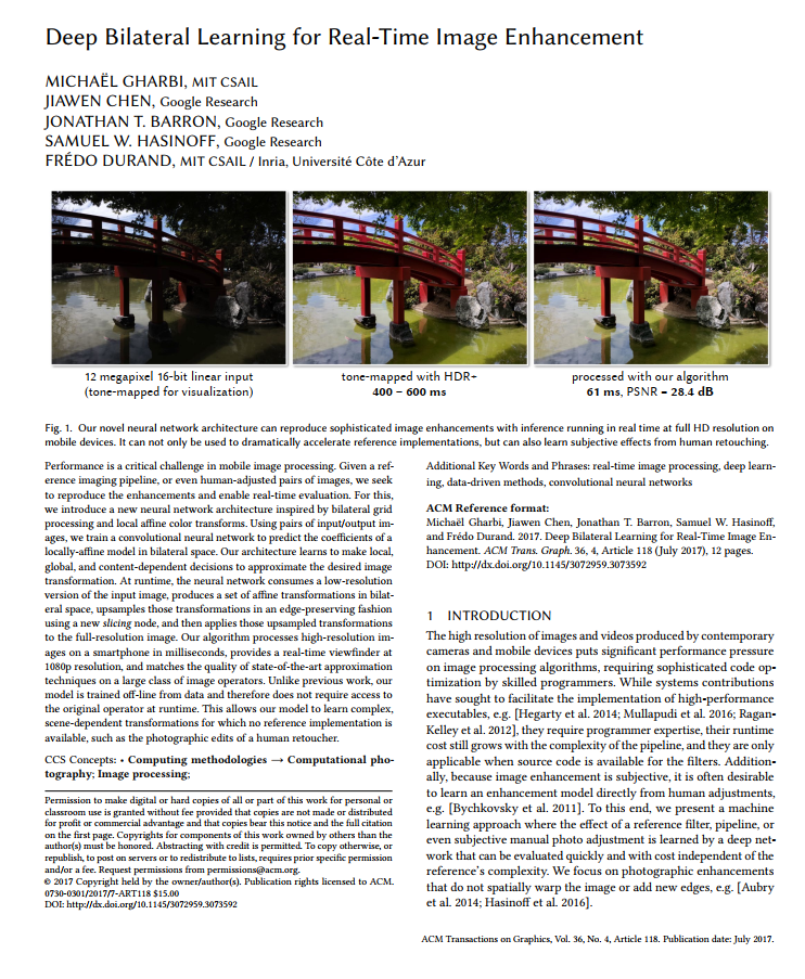 英文论文阅读-Deep Bilateral Learning for Real-Time Image Enhancement（基于深度双边学习 ...