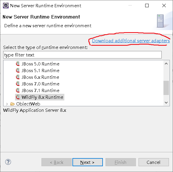 在JavaEE里面添加JBoss 运行环境时，New Server Runtime Environment 里面找不到JBoss ...
