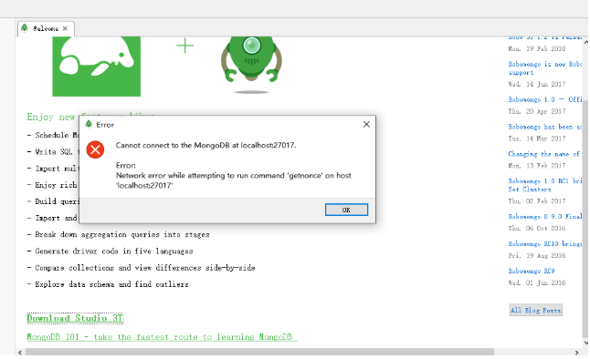 robo3t连接时报错:network error while attemping to run command 'getnonce' on host 'localhost:27017 ...