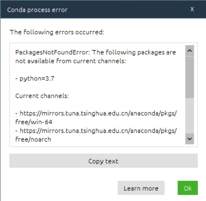 使用Anaconda Navigator新建专用虚拟环境报错 PackagesNotFoundError_anaconda创建环境 ...