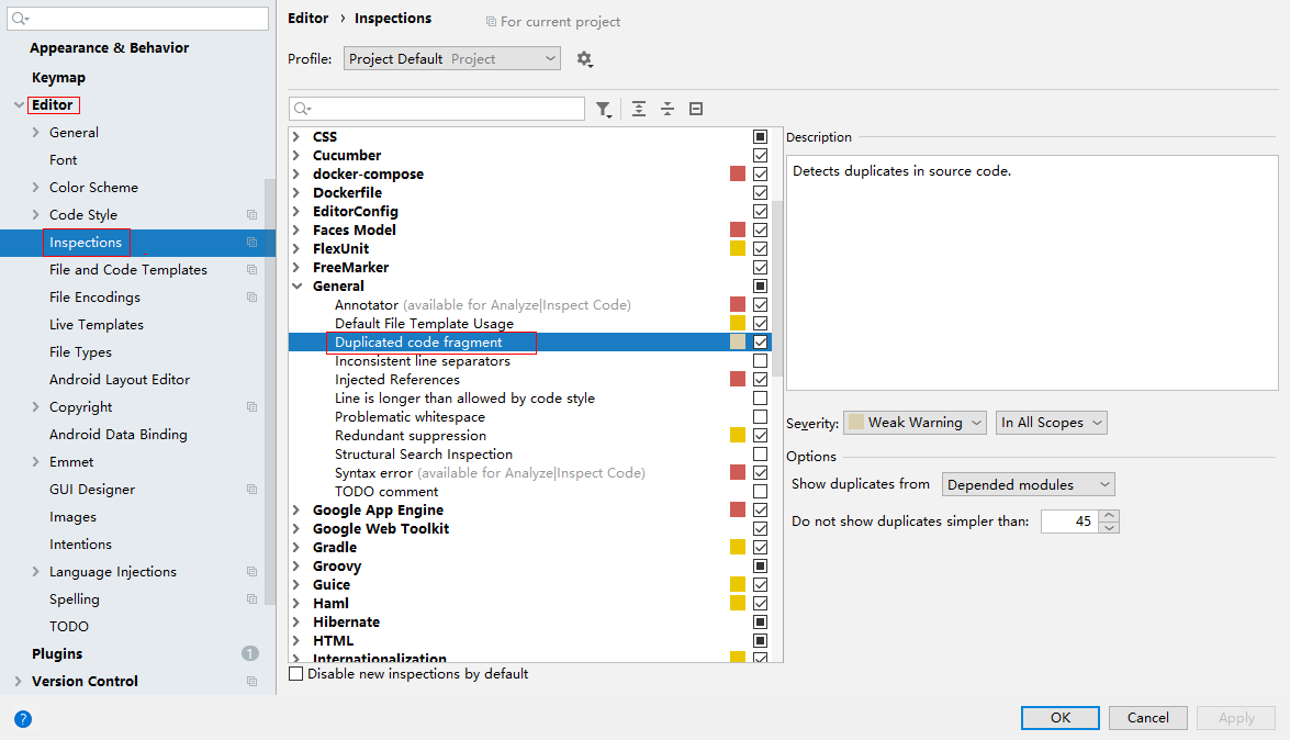如何关闭Intellij idea重复代码提醒_duplicated code fragment 快捷键-CSDN博客