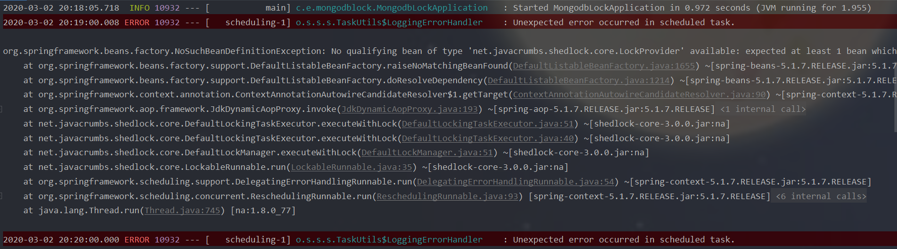 shedlock 启动失败问题。No qualifying bean of type 'net.javacrumbs.shedlock ...