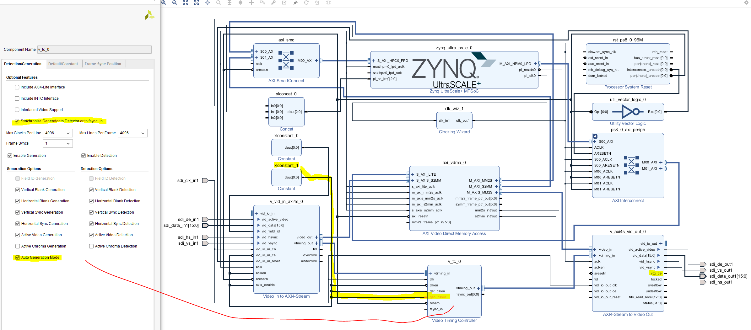 Bridge from "Video In to AXI4-stream" to "AXI4-stream to Video Out" directly with VTC without ...