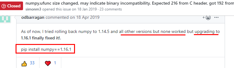 ValueError: numpy.ufunc size changed, may indicate binary incompatibility. Expected 216 fro m C ...